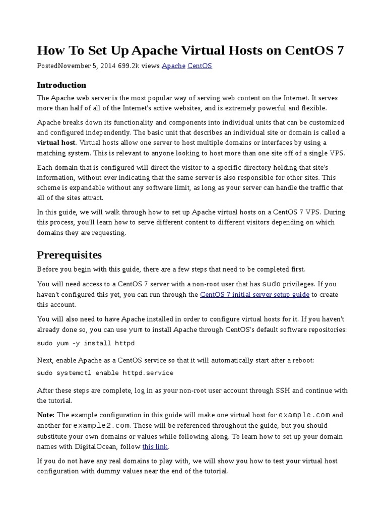 How To Set Up Apache Virtual Hosts On Centos 7 Pdf Apache Server Web Server