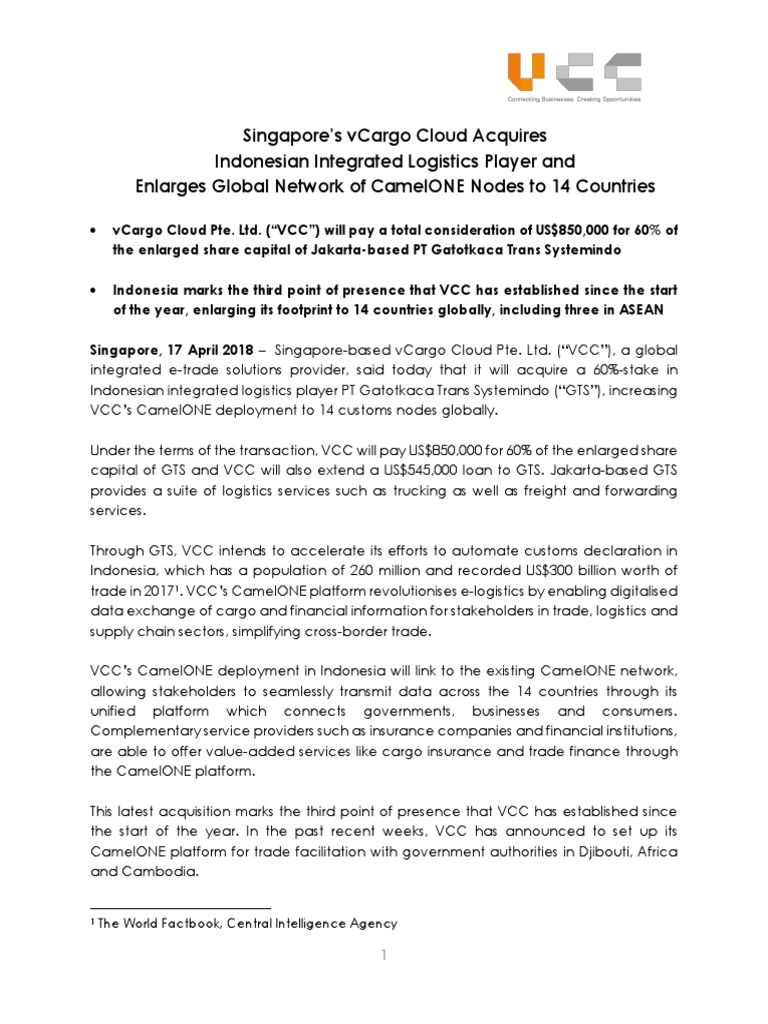 Singapore's VCargo Cloud Acquires Indonesian Integrated Logistics ...