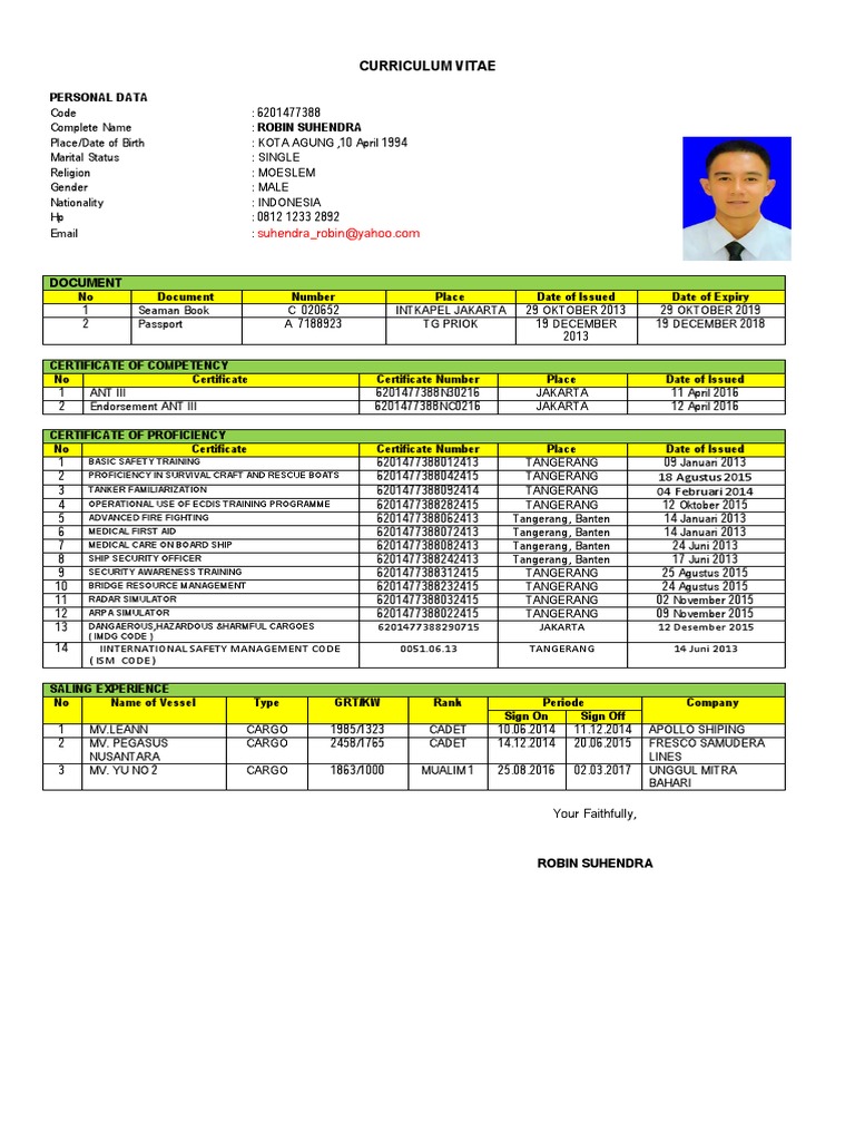 CV Robin | PDF | Merchant Navy | Shipping