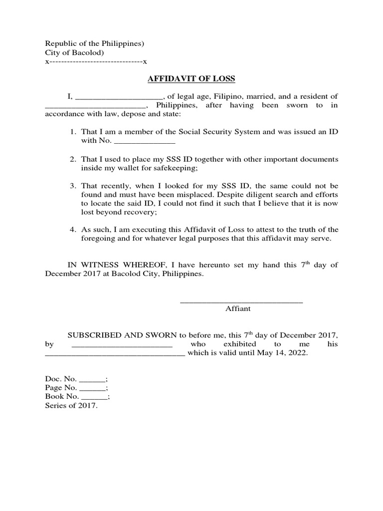 Aff of Loss SSS ID | PDF | Affidavit | Evidence