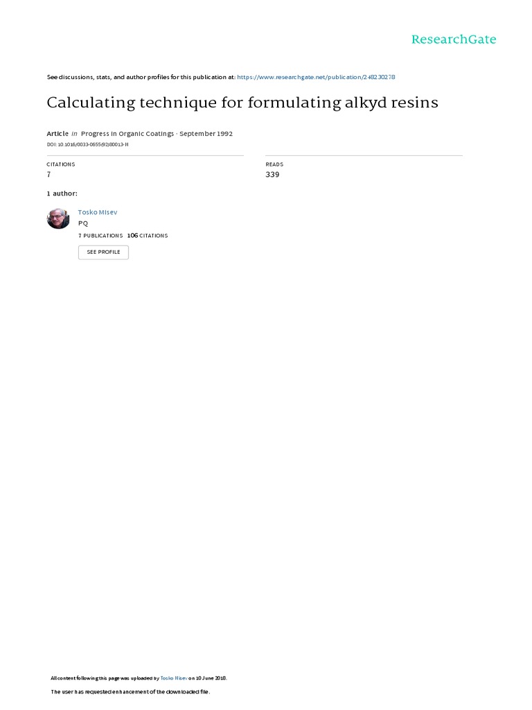 Calculating Technique For Formulating Alkyd Resins: Progress in Organic Coatings September 1992 ...
