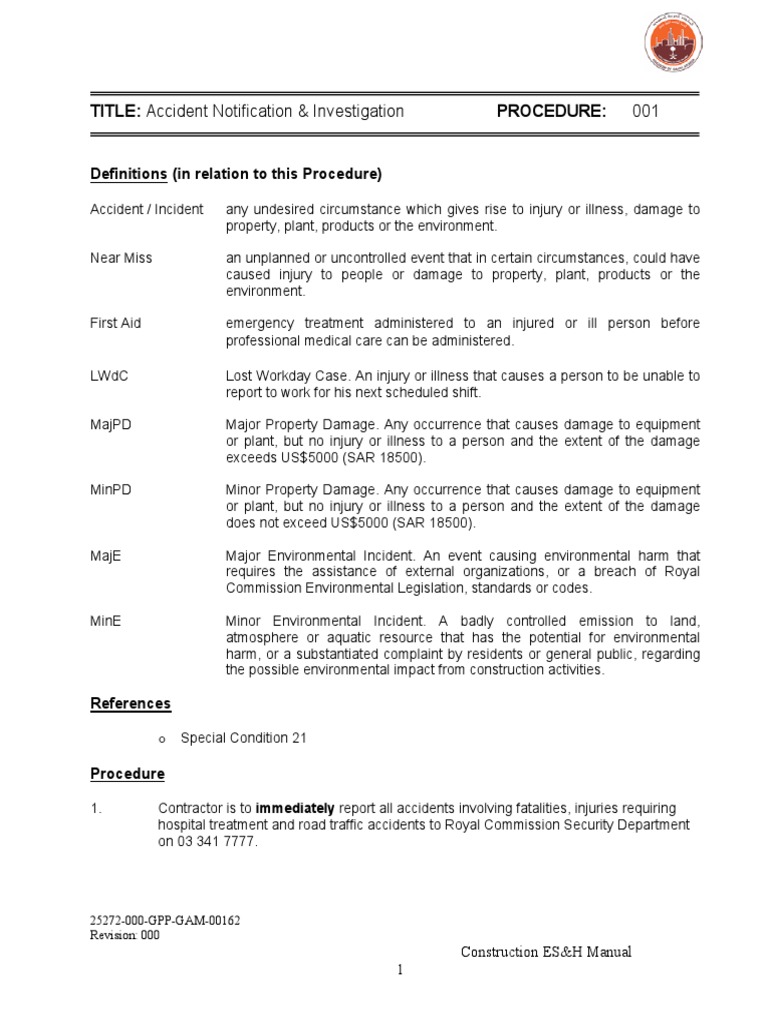 Sample of Accident Notification & Investigation Procedure | Traffic ...