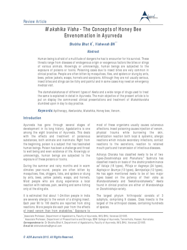 Makshika Visha - The Concepts of Honey Bee Envenomation in Ayurveda ...