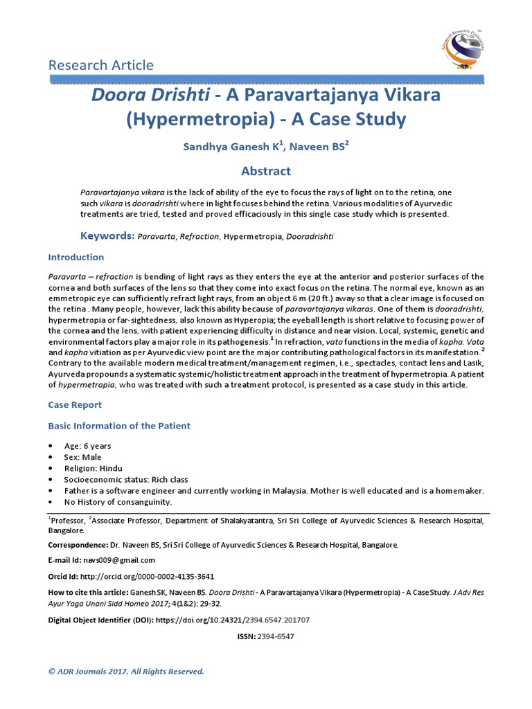 Doora Drishti - A Paravartajanya Vikara (Hypermetropia) - A Case Study | PDF | Human Eye | Cornea