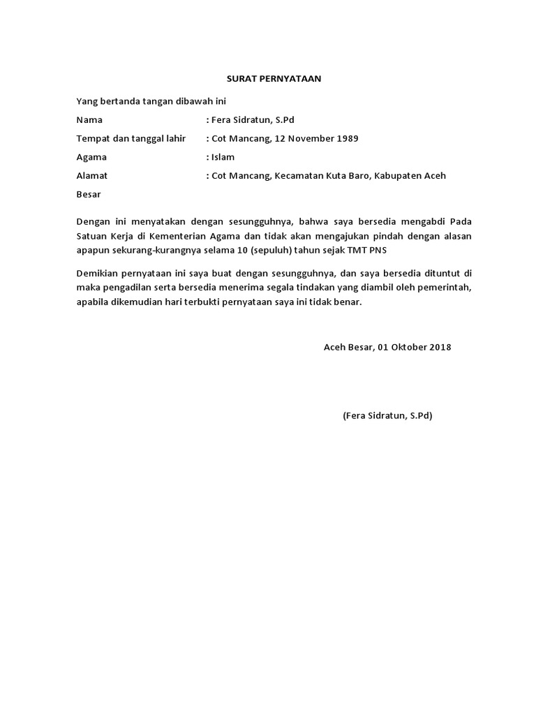 Surat Pernyataan Bersedia Mengabdi | PDF