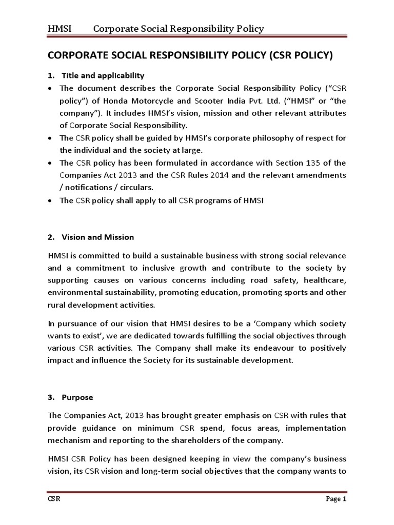 Corporate Social Responsibility Policy (CSR Policy) | PDF | Corporate ...