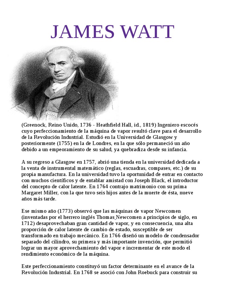 Biografía de James Watt: Innovador Industrial | PDF | Máquina de vapor ...