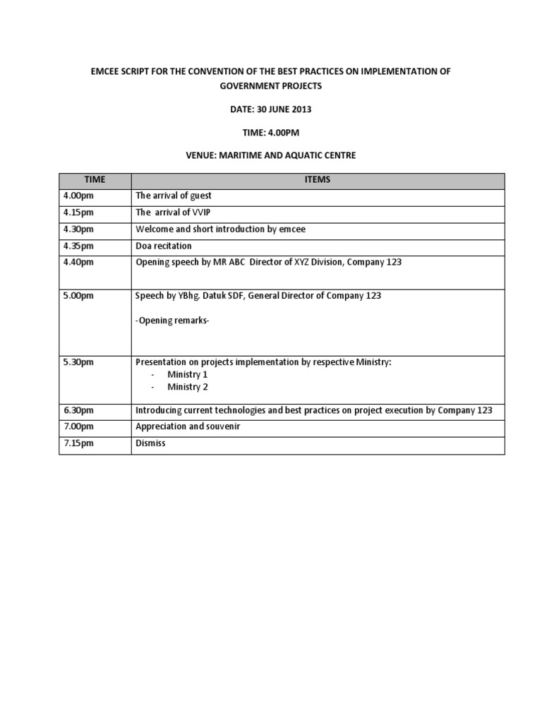 Emcee Script for Government Project Convention | PDF
