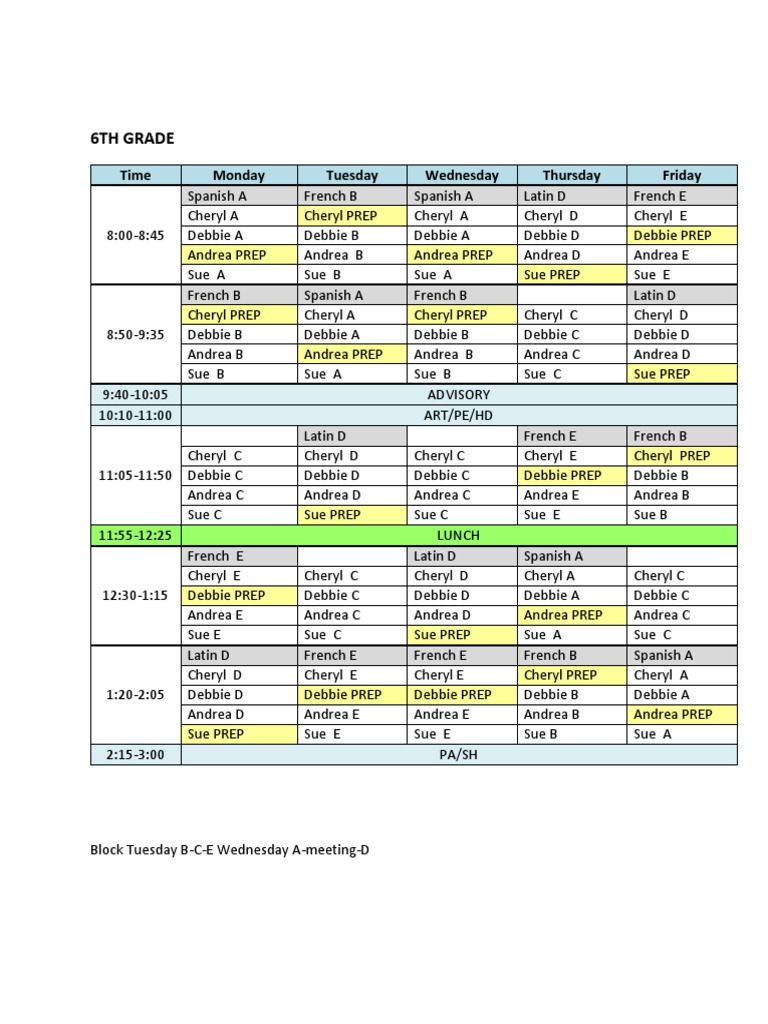 6th-8th Grade Weekly Class Schedule | PDF