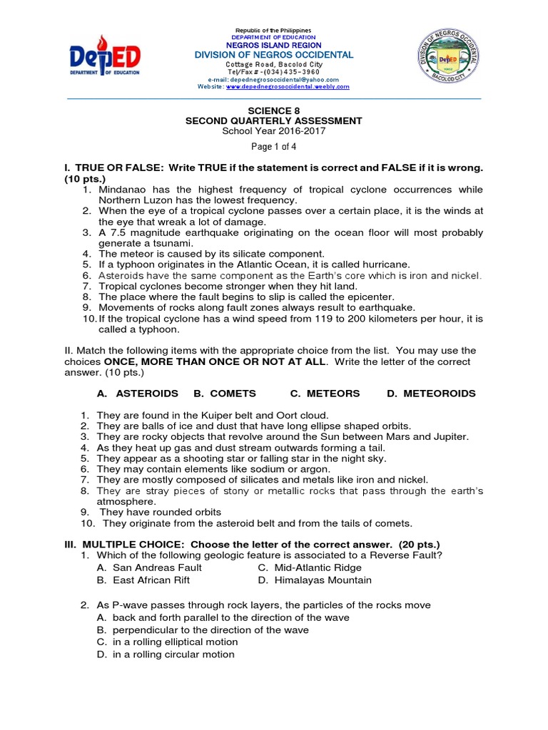 Science 8 Second Quarterly Exam | PDF | Meteoroid | Tropical Cyclones