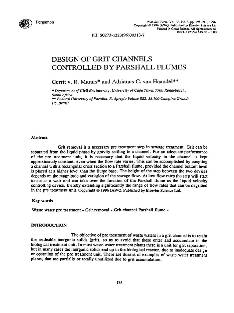 Design of Grit Channels Controlled by Parshall Flumes | PDF | Sewage ...