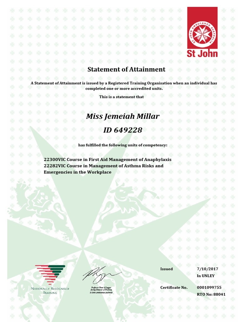 Asthma Anaphylaxis Certificate | PDF