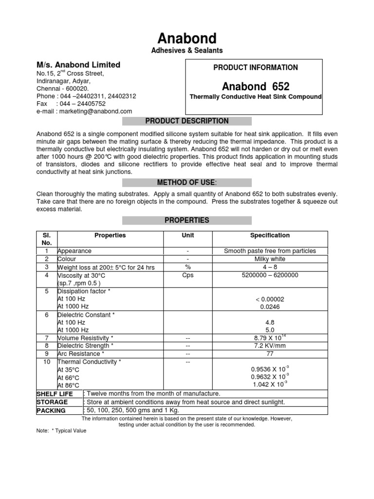 Anabond 652 | PDF | Electrical Resistivity And Conductivity | Physical ...
