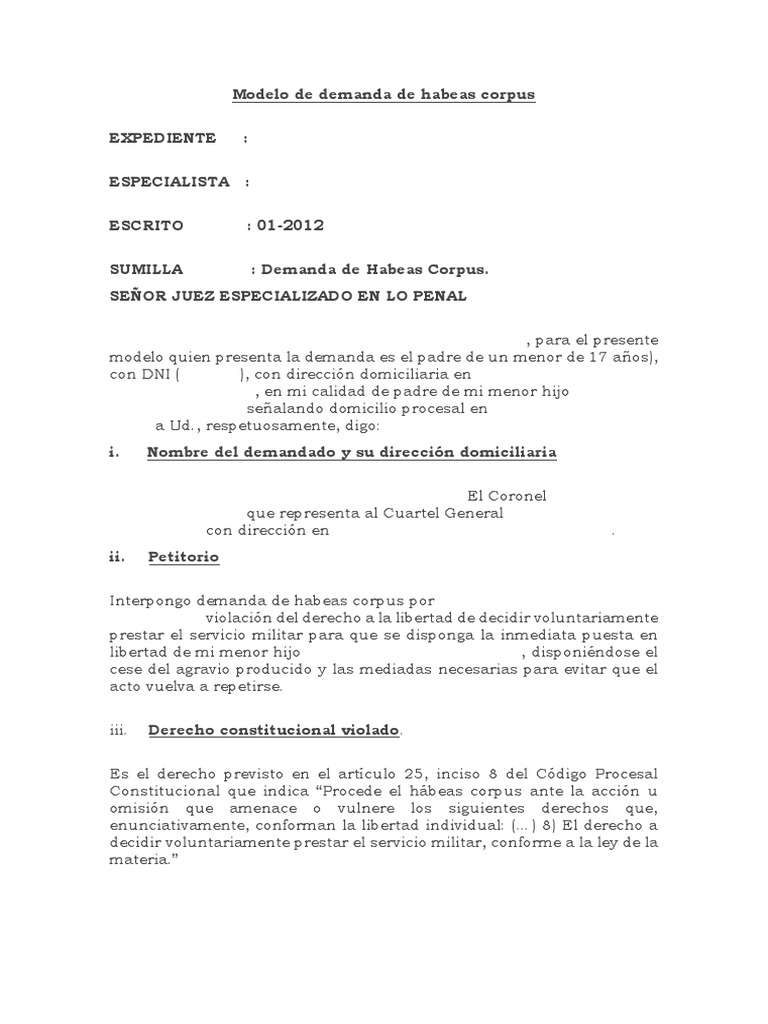 Modelo habeas corpus, habeas data, amparo. | Habeas corpus | Demanda ...
