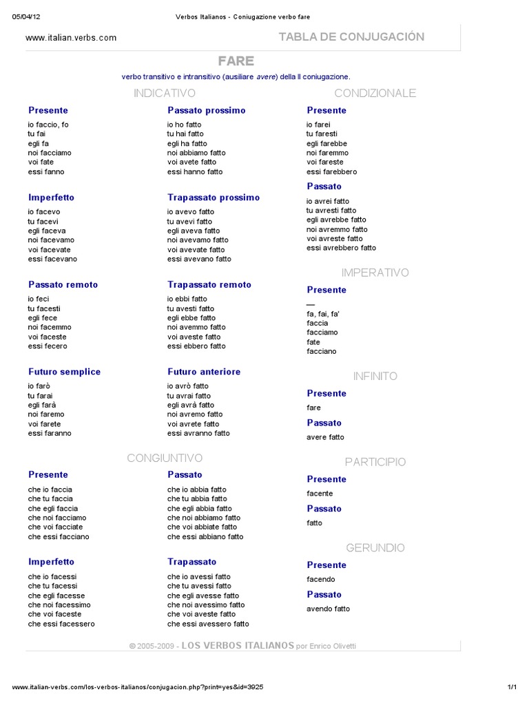 Verbos Italianos - Coniugazione Verbo Fare PDF | PDF