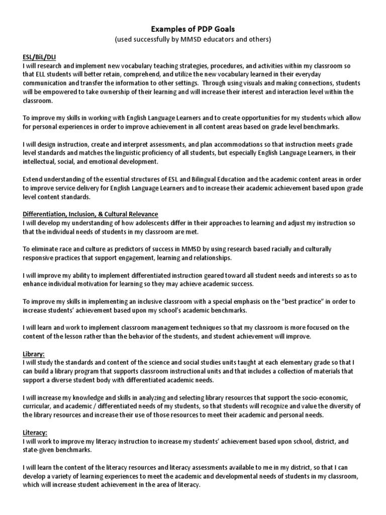 Examples of PDP Goals: (Used Successfully by MMSD Educators and Others ...