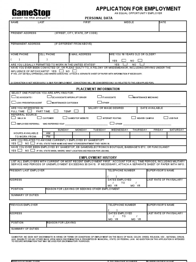 GameStop Employment Application Form | PDF | Background Check | Discrimination