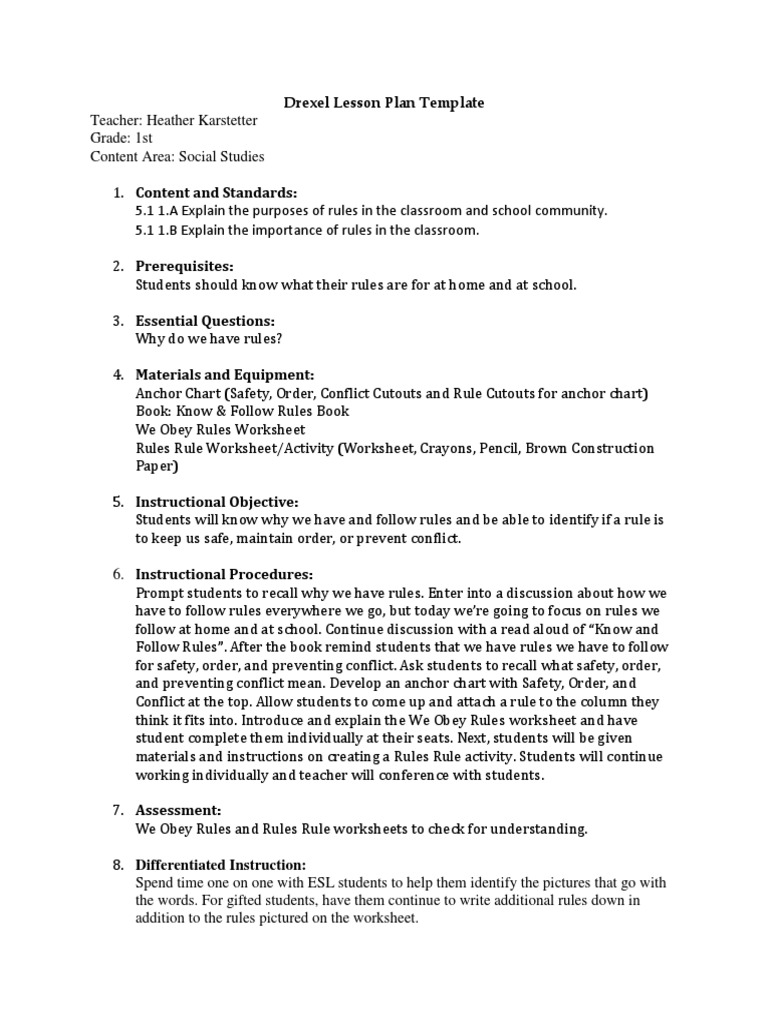 1st Grade Social Studies Rules Lesson Plan | PDF | Career & Growth ...