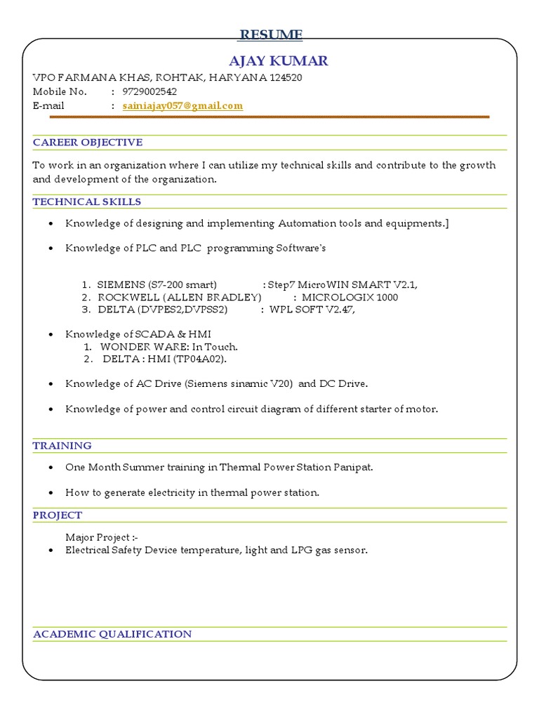 AjAy Kumar Resume | PDF | Electrical Engineering | Electricity