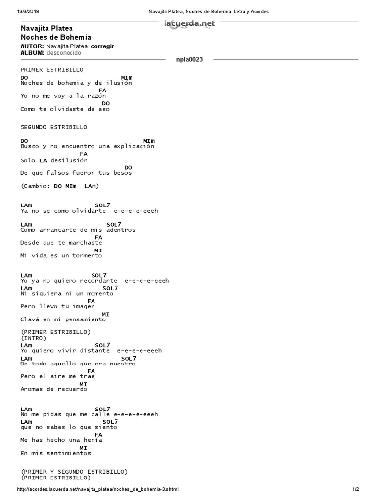 Navajita Platea, Noches de Bohemia - Letra y Acordes | PDF | Música ...