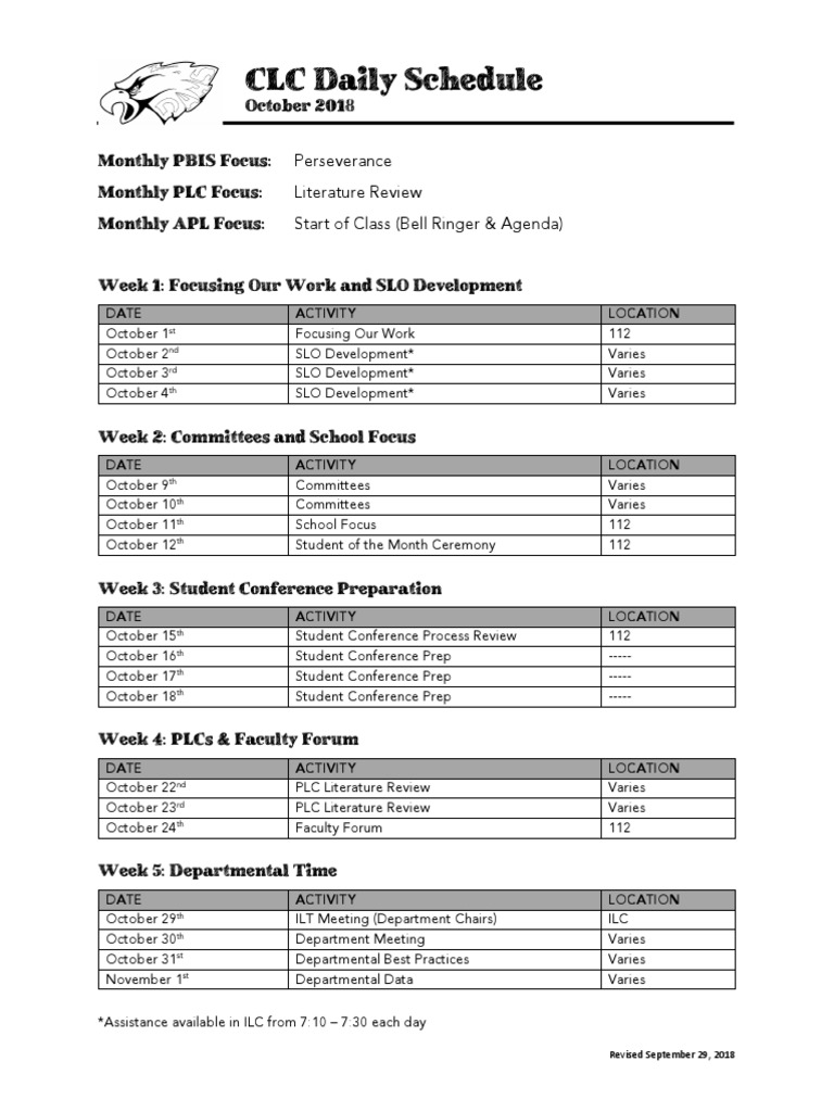 CLC Daily Schedule October 2018 | PDF