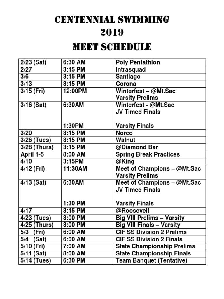 Centennial Swim Meet Schedule 2019 | PDF