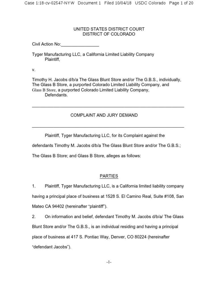 Tyger Mfg. v. Jacobs - Complaint | PDF | United States Patent Law ...