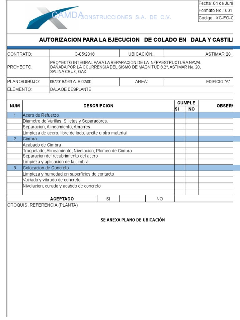 Autorización para colado en dala y castillo | PDF