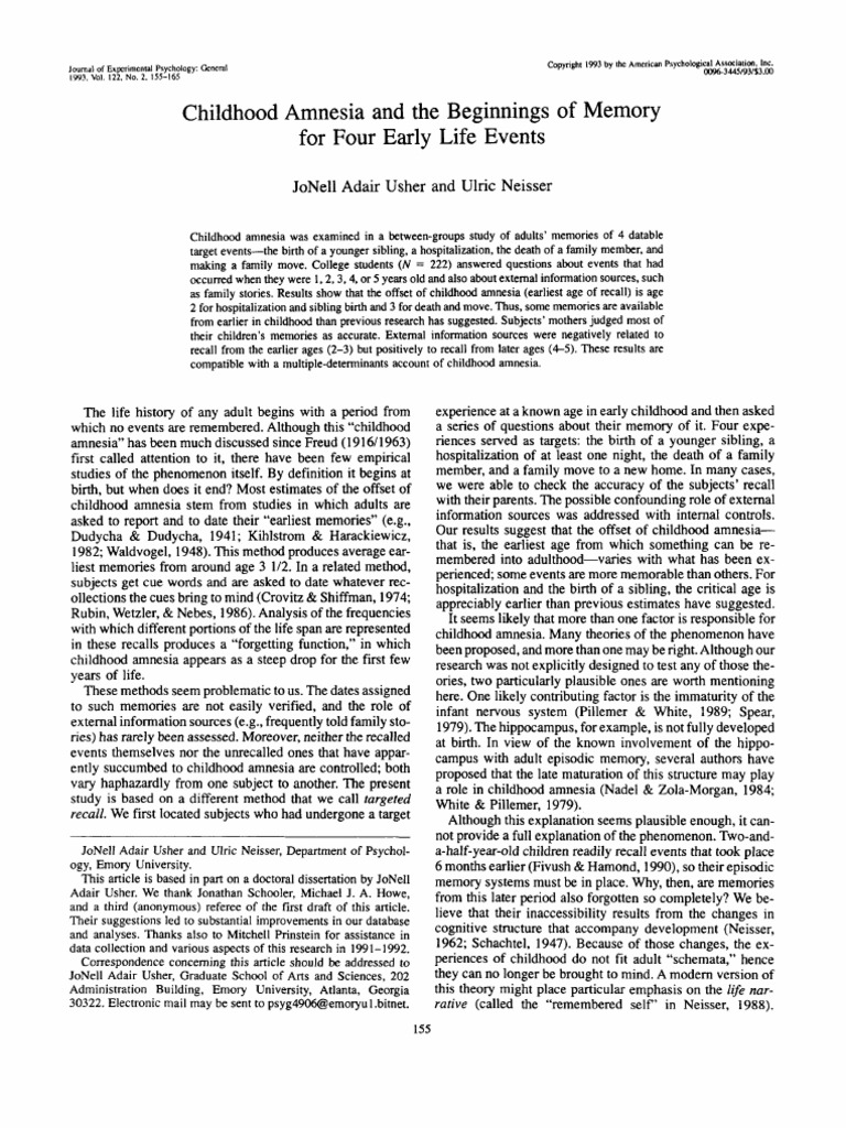 Article - Childhood Amnesia and The Beginnings of Memory For Four Early ...