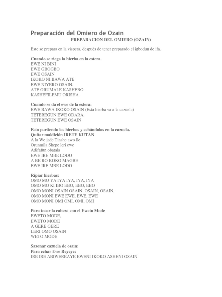 Preparación Del Omiero de Ozain | PDF | Santeria | Alimentos