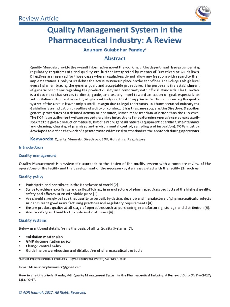 Quality Management System in The Pharmaceutical Industry: A Review ...