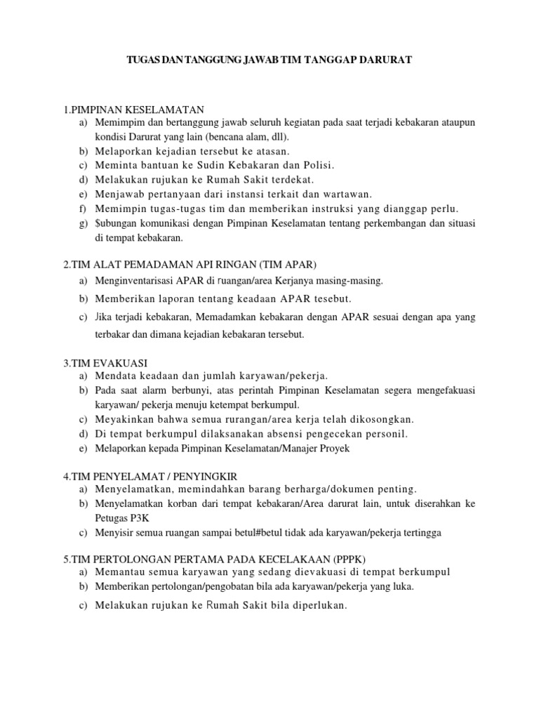 Tugas Dan Tanggung Jawab Tim Tanggap Darurat | PDF