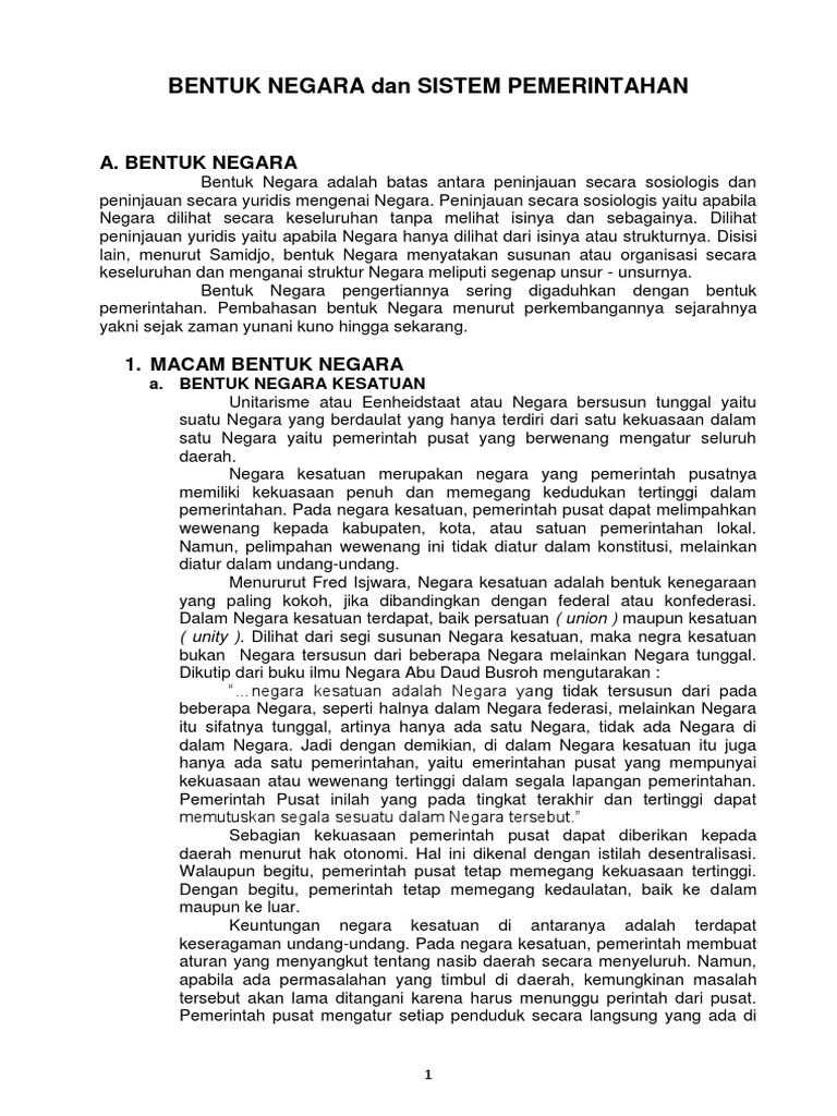 Bentuk Negara Dan Sistem Pemerintahan Ilmu Negara Pdf