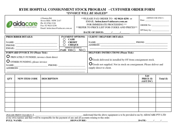 Ryde Hospital Consignment Order Form-14Jan14 PDF | PDF | Invoice | Payments