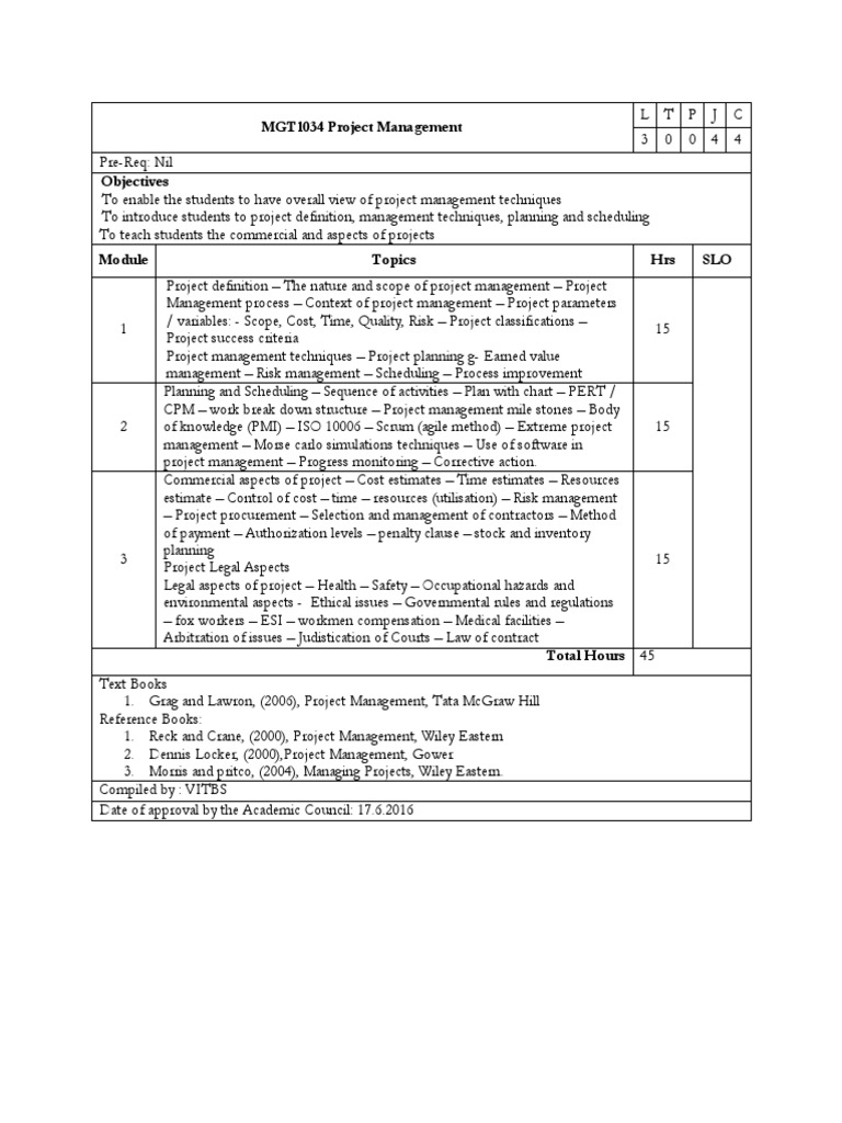 MGT1034 Project-Management Syllabus | PDF | Project Management | Risk ...