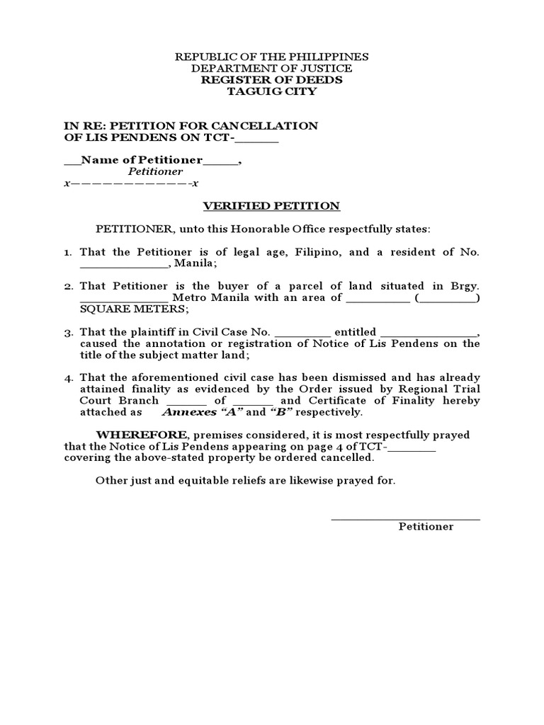 Petition for Cancellation of Lis Pendens on Land Title Due to Dismissal of Civil Case | PDF ...