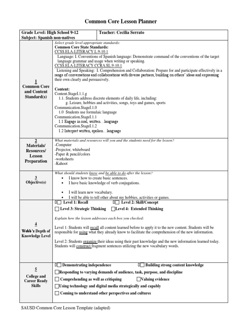 Common Core Lesson Planner: Grade Level: High School 9-12 Subject ...