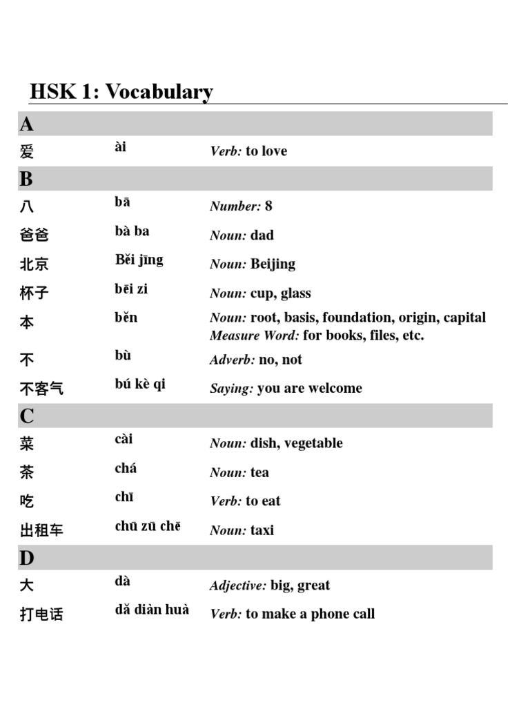 HSK 1: Vocabulary: Verb | Download Free PDF | Verb | Noun