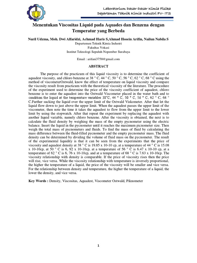 Determining the Viscosity of Water and Benzene at Different Temperatures Using an Ostwald ...