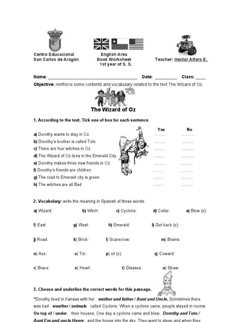 Oz Worksheet | PDF | The Wonderful Wizard Of Oz | Dorothy Gale