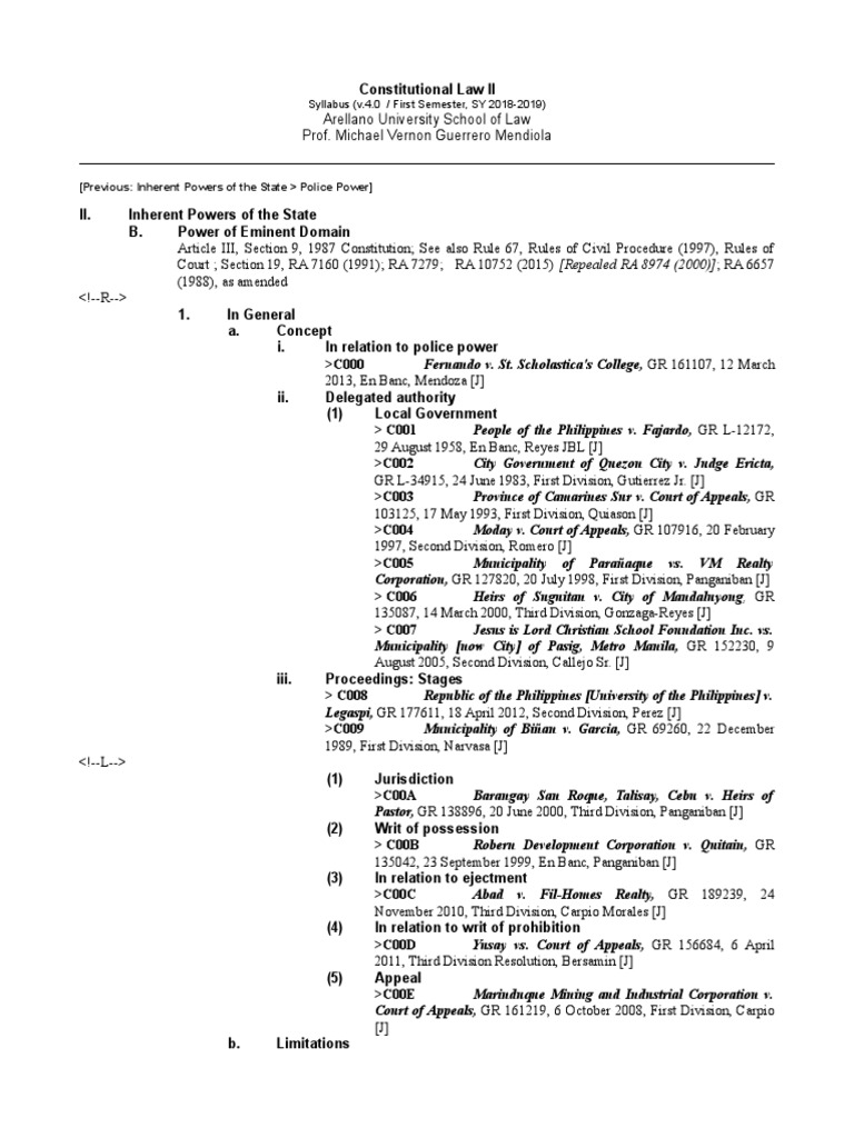 (Previous: Inherent Powers of The State Police Power) : Syllabus (v.4.0 ...
