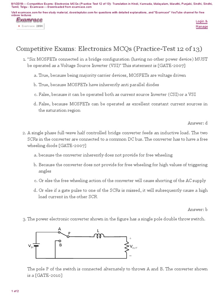 Electronics MCQs Practice Test 12 PDF | PDF | Power Inverter | Computer ...