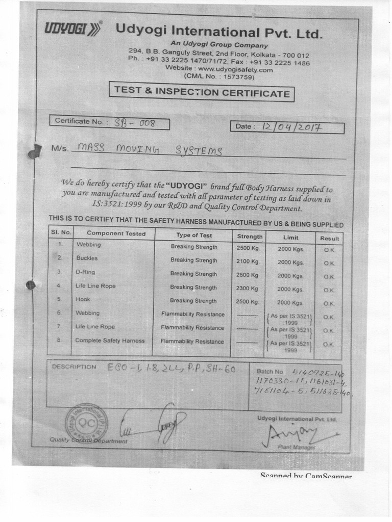 Safety Belt Test Certificate | PDF