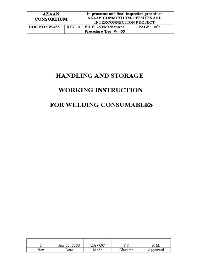 Handling & Storage Procedure For Welding Consumables - W455 | PDF ...
