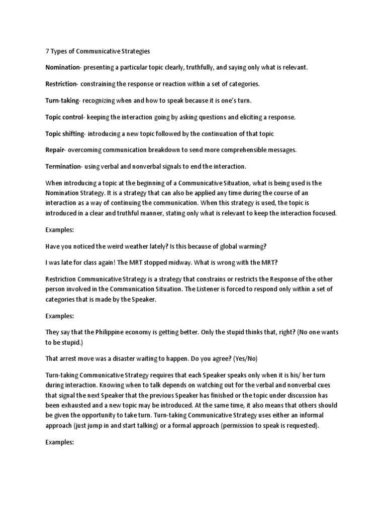 7 Types of Communicative Strategies | PDF | Nonverbal Communication | Communication