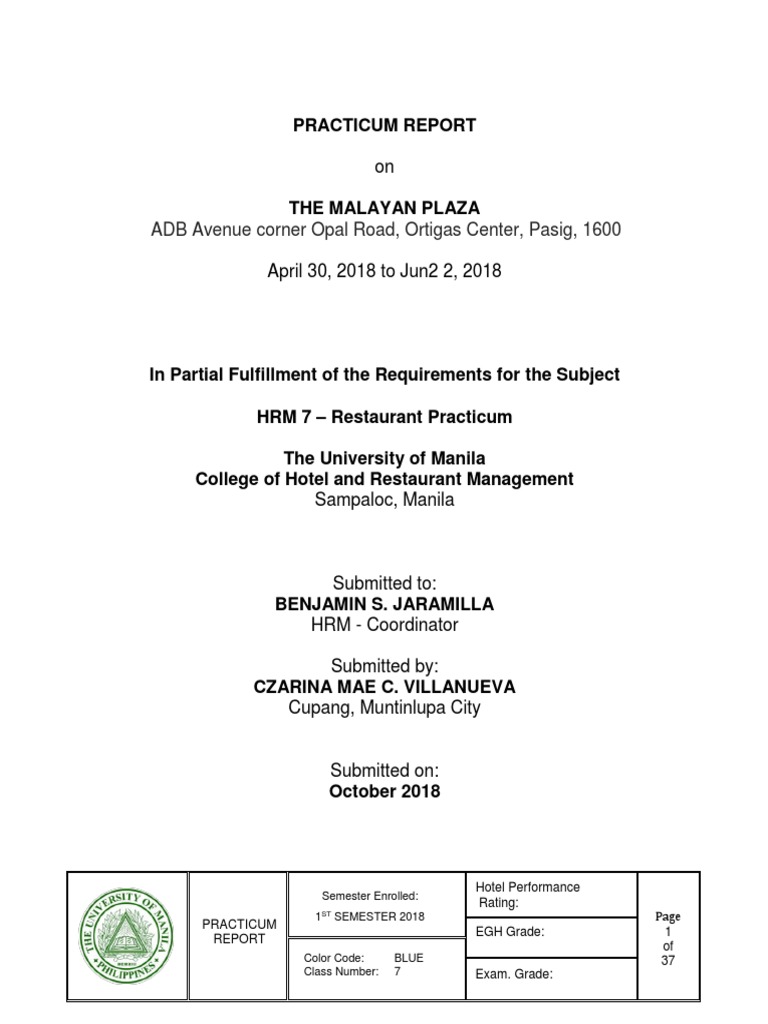 Practicum Report Template 2016 2 | PDF | Housekeeping | Hotel And ...