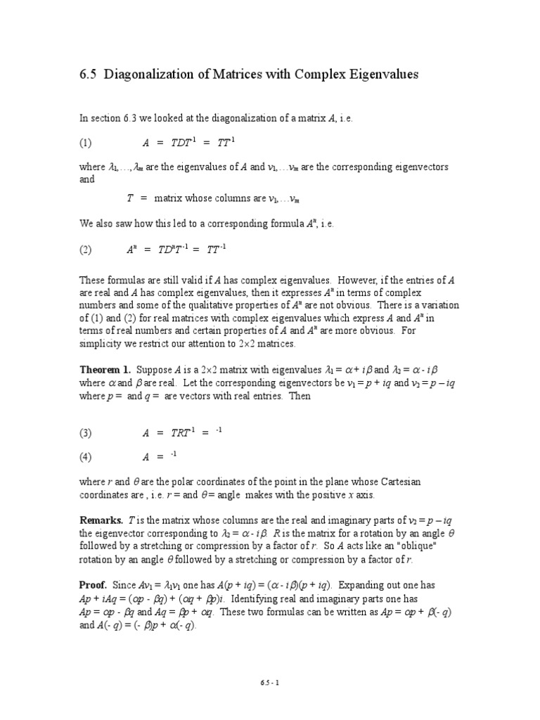 6.5 Diagonalization of Matrices With Complex Eigenvalues: A TDT | PDF | Eigenvalues And ...