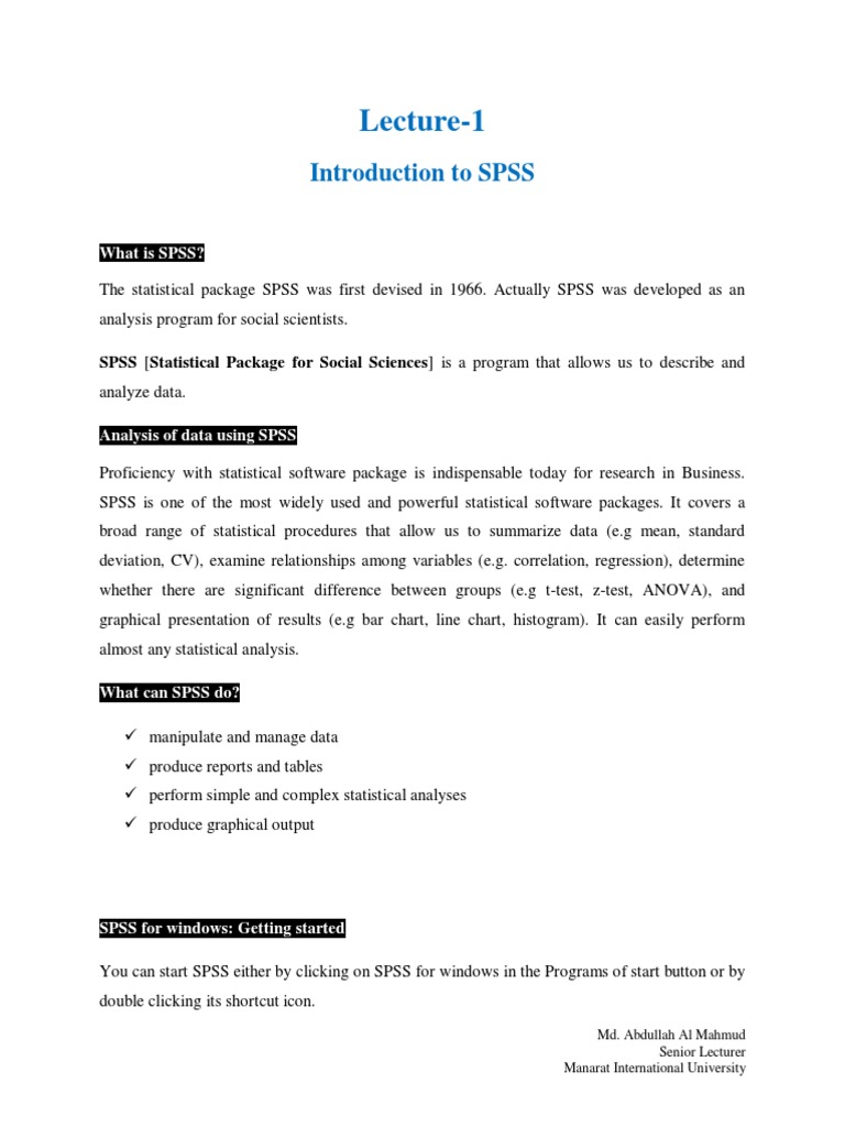 Lecture-1: Introduction To SPSS | PDF | Spss | Data Analysis