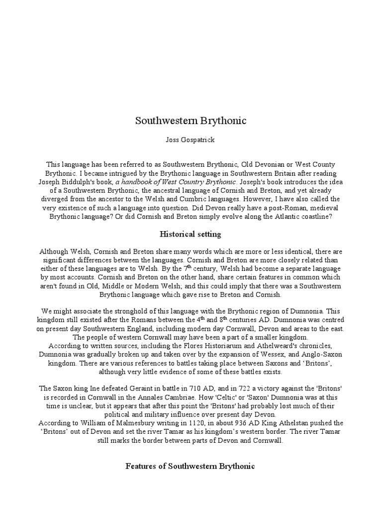 Southwestern Brythonic | PDF | Celtic Britons | Celtic Britain