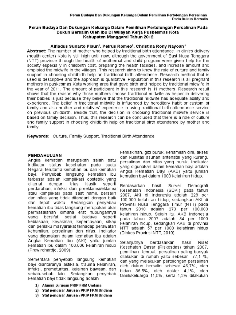 Peran Budaya Dan Dukungan Keluarga Dalam Pemilihan Pertolongan Persalinan Pada Dukun Bersalin | PDF